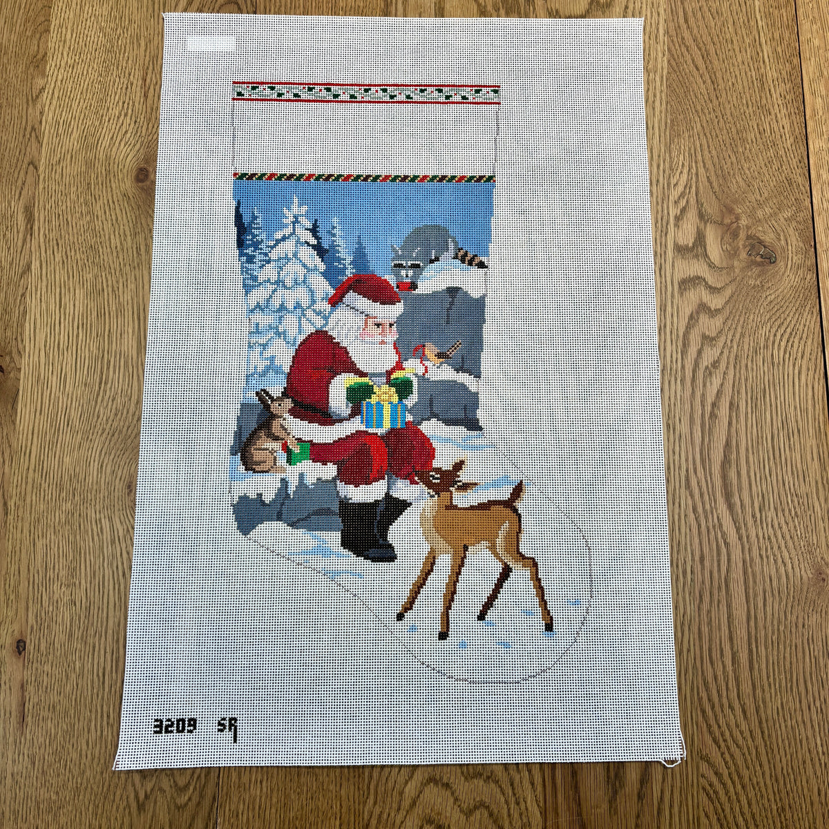 Santa and Animals Wrapping Presents, Stocking – Susan Roberts Needlepoint