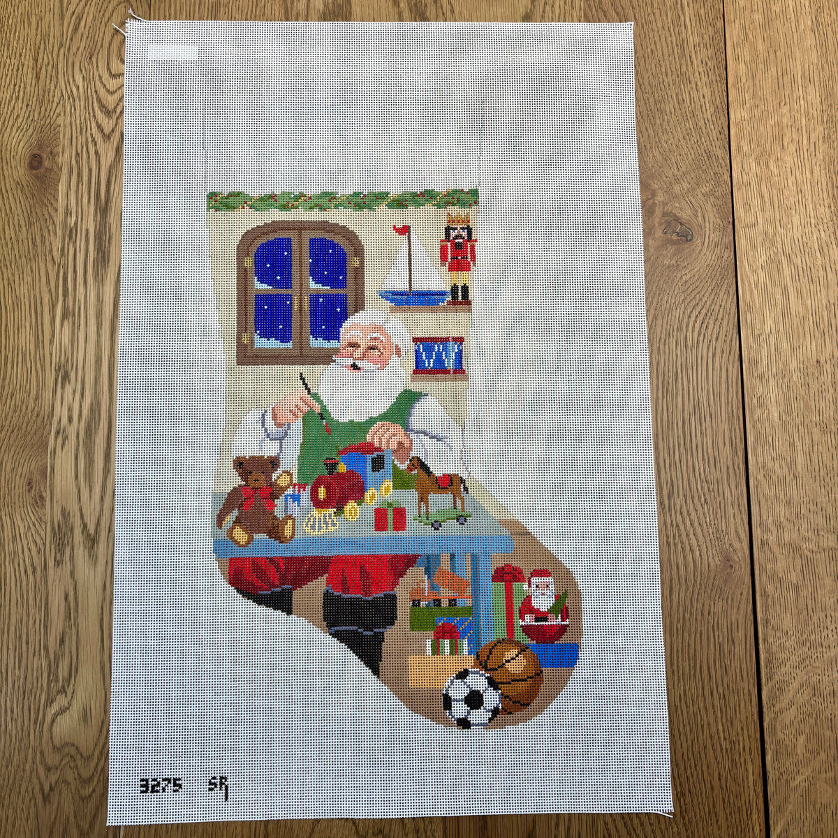 Santa at Work Table, Stocking – Susan Roberts Needlepoint