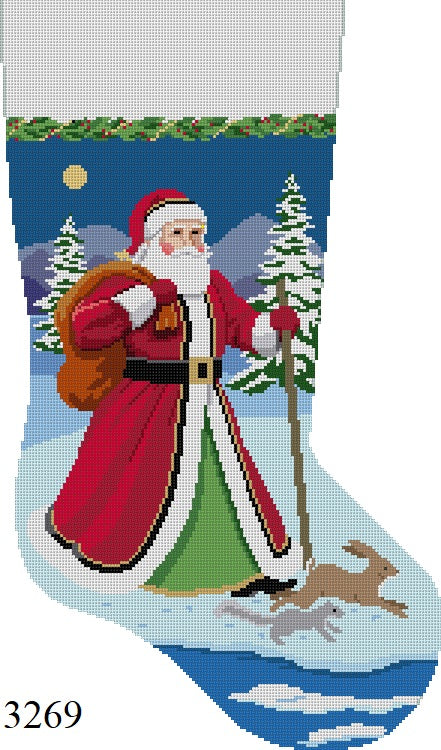Santa Hurrying Along, Stocking – Susan Roberts Needlepoint